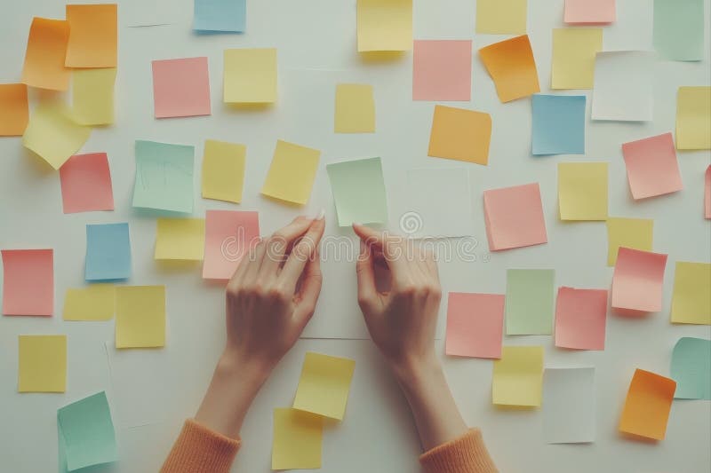 Organizing Creative Ideas with Sticky Notes Office Workspace Action ...