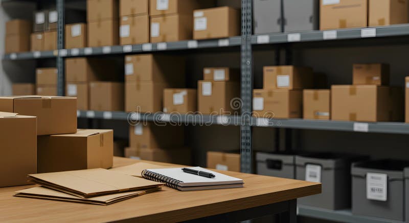 Organizing Packages at Warehouse with Boxes and Notepad on Desk Stock ...