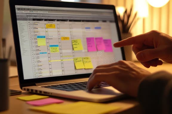 Organizing Tasks and Project Management with Sticky Notes on Laptop ...
