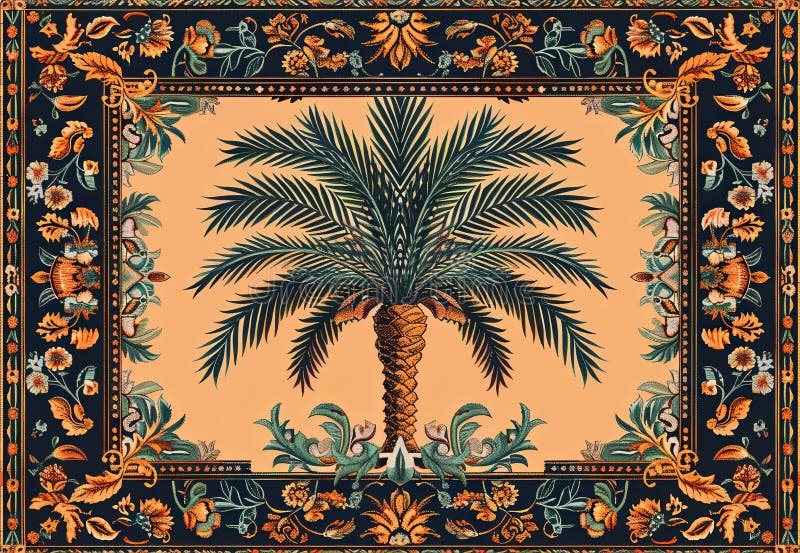Oriental Carpet Pattern Featuring Palm Tree with Symmetrical ...