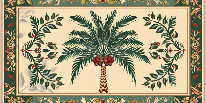 Oriental Carpet Style Palm Tree Illustration with Symmetrical ...