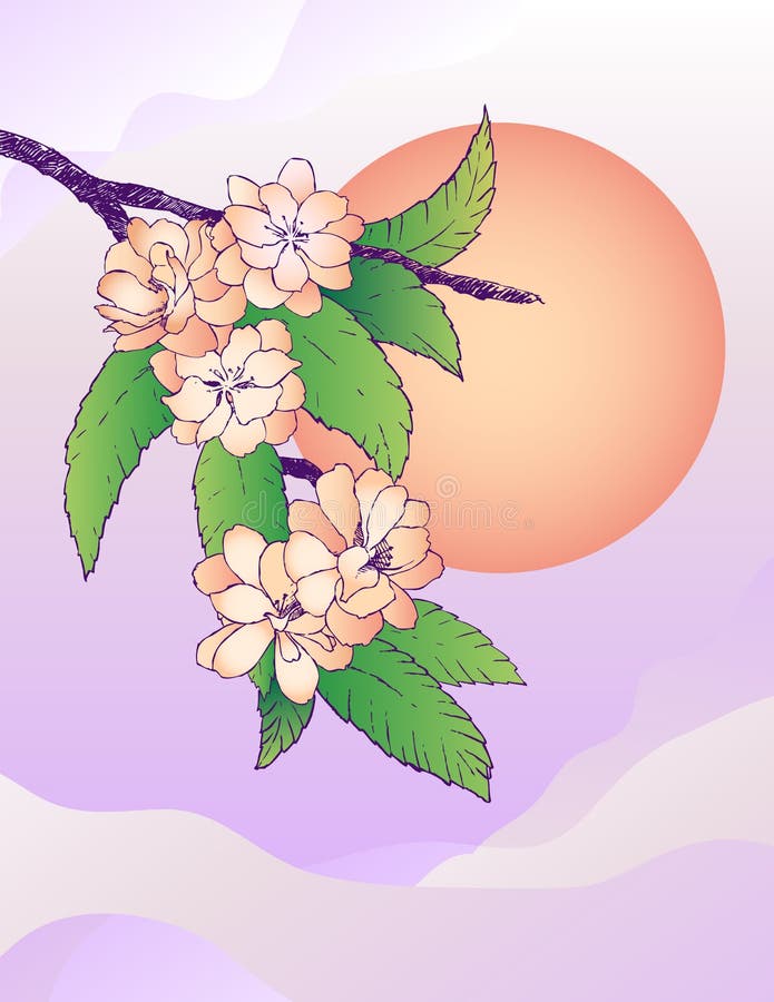 Oriental cherry and moon stock vector. Illustration of japan - 75087755