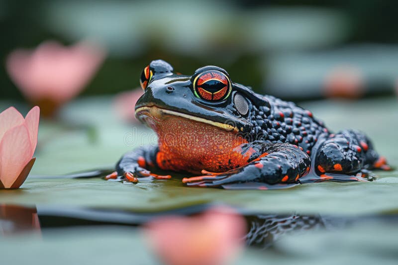 An Oriental Fire-bellied Toad in a Pond, Detailed and Vibrant, Natural ...