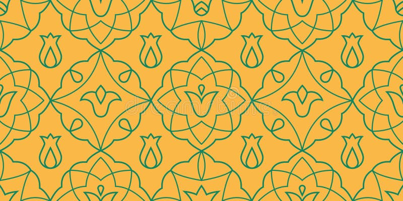Oriental Line Floral Motif Yellow Seamless Pattern. Retro Ethnic Floral ...