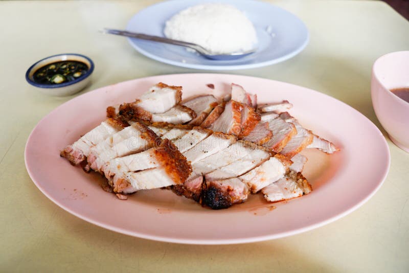 Oriental Roast Pork Belly on Dish with Rice Background. Stock Photo ...