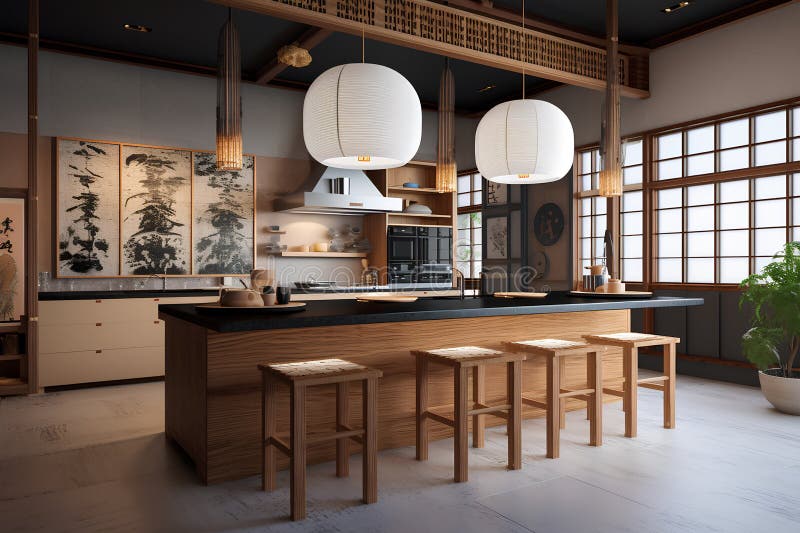 Oriental Style Kitchen Interior in Luxury House Stock Illustration ...