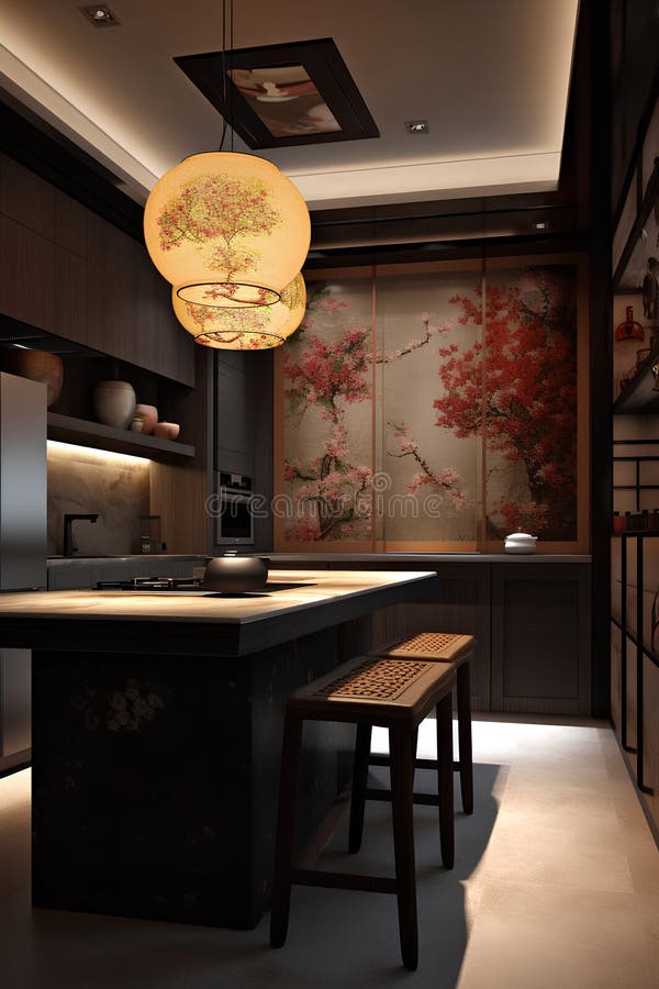 Oriental Style Kitchen Interior in Luxury House Stock Illustration ...