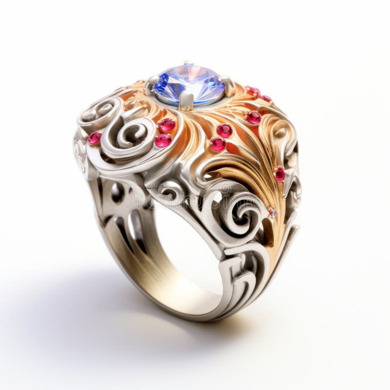 Oriental Style Ring with Red and Blue Sapphires Intricate Patterns and ...