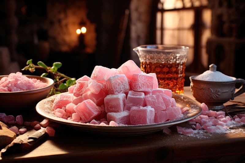 Oriental Sweets Turkish Delight Pink in a Plate on the Table Stock ...
