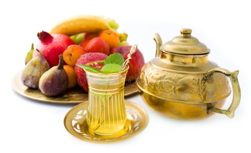 Oriental Tea Set with Fruits on Golden Plate Stock Photo - Image of ...