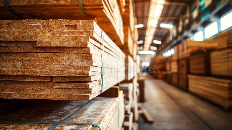 Oriented Strand Board Stacked in Lumber or Timber Warehouse. the Focus ...