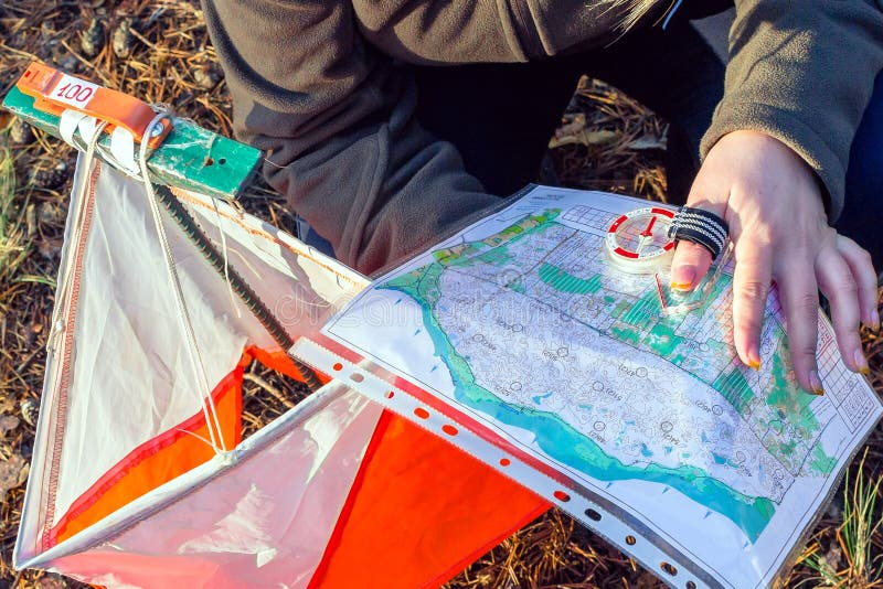 Orienteering. Compass, Map, Control Point Prism and Composter for ...