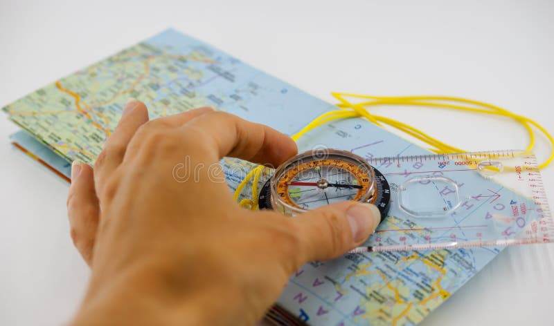 Orienteering Compass and Map with Hand Stock Image - Image of detail ...