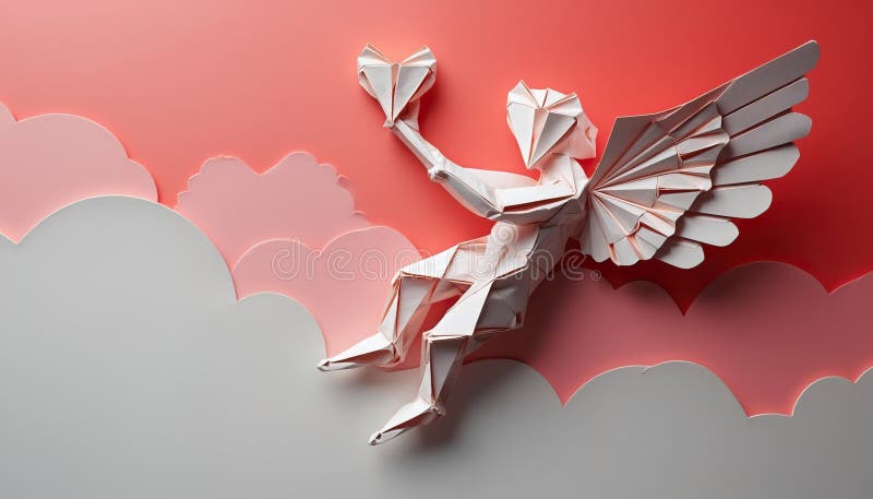 Origami Angel with Heart on Cloud Background Stock Illustration ...