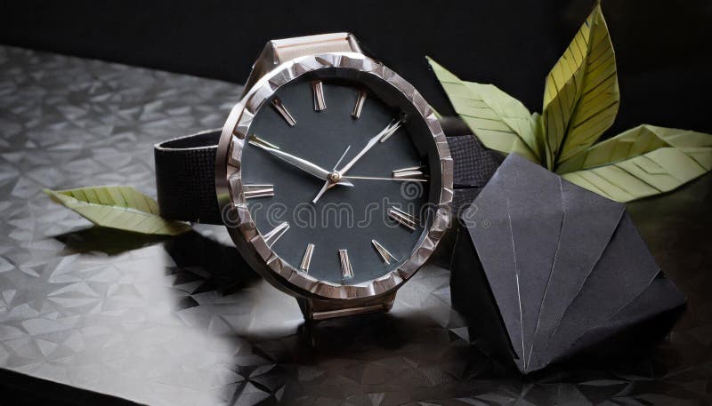 Origami Art Black Hand Watch with Green Leaf Stock Photo - Image of ...
