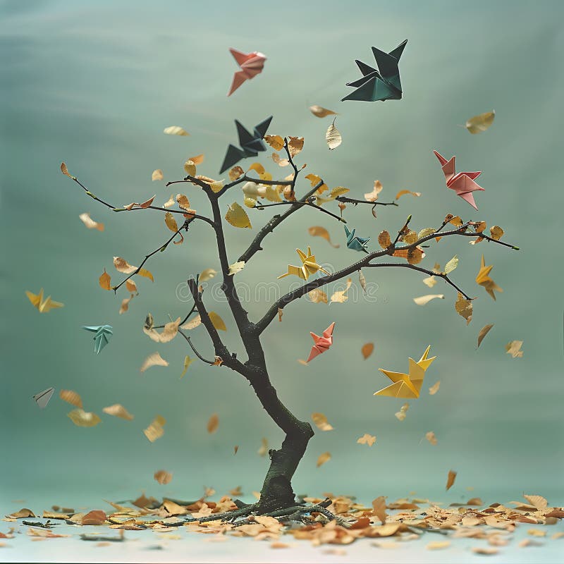 Origami Birds Dancing on an Autumn Breeze Around a Leaf-Strewn Tree ...