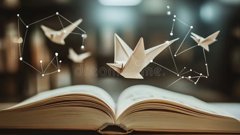 Origami Birds Fly from Open Book in Library Stock Photo - Image of ...