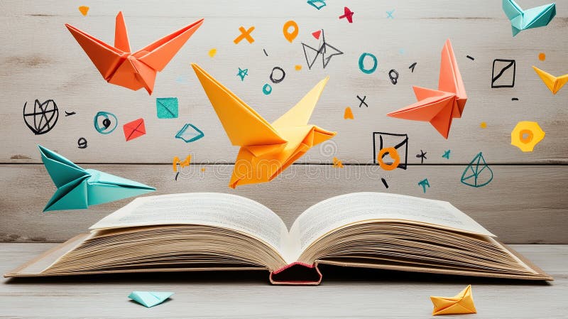 Origami Birds Flying from Open Book on Wood Stock Photo - Image of ...