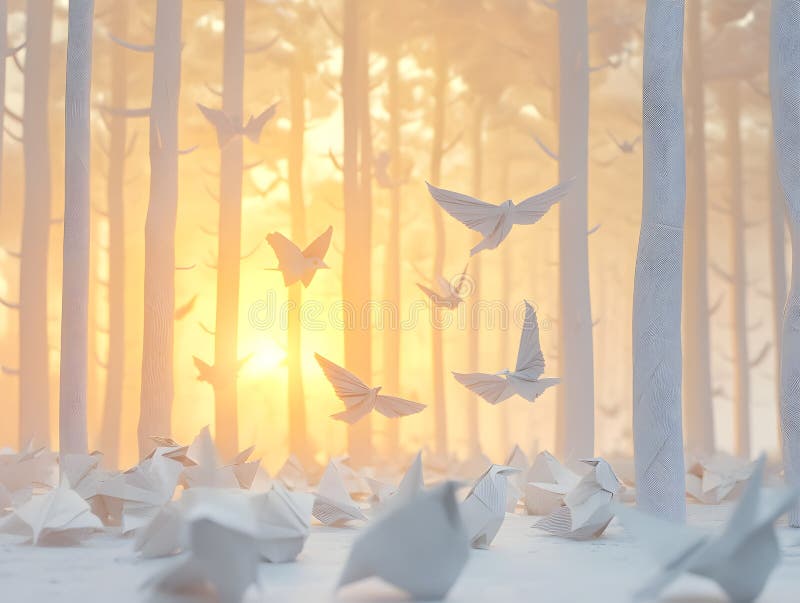 Origami Birds in a Serene Forest at Sunset, Tranquil Atmosphere Stock ...