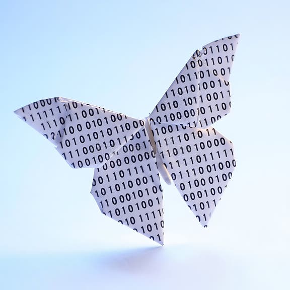 Origami Butterfly Crafted from Paper Displaying Binary Code Against a Soft Blue Gradient ...