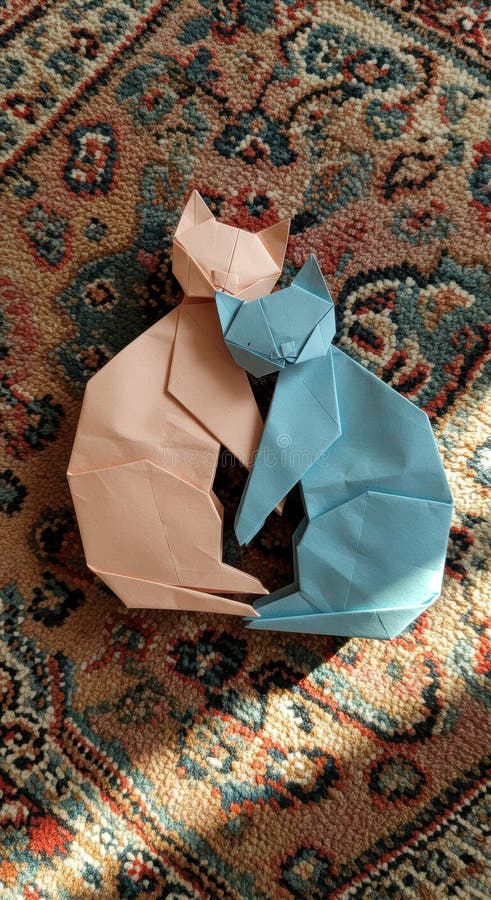 Origami Cats in Pink and Blue on Patterned Carpet Show Creative Paper ...