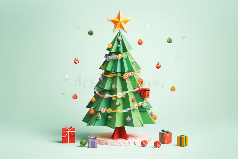 An Origami Christmas Tree Decorated with Tiny Paper Ornaments Stock ...