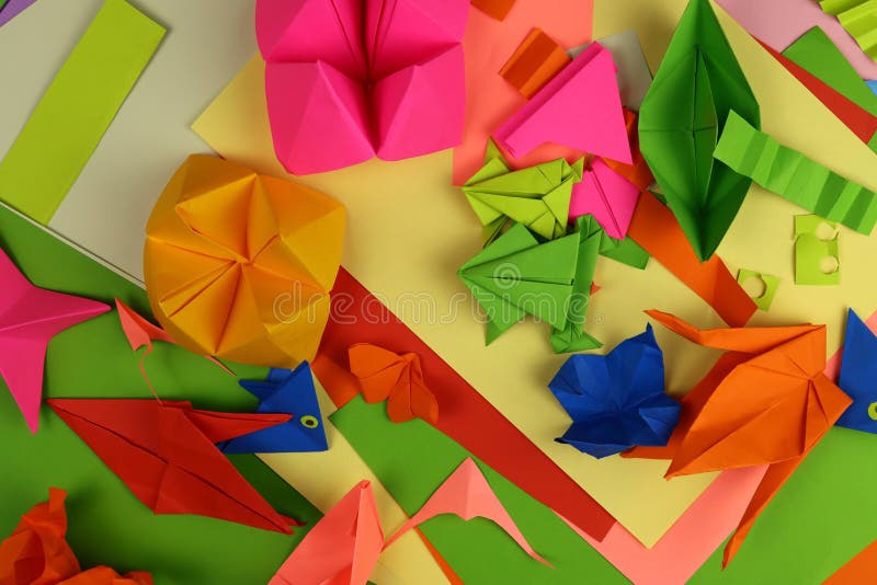Origami Crafts on Colored Sheets of Paper Stock Photo - Image of ...