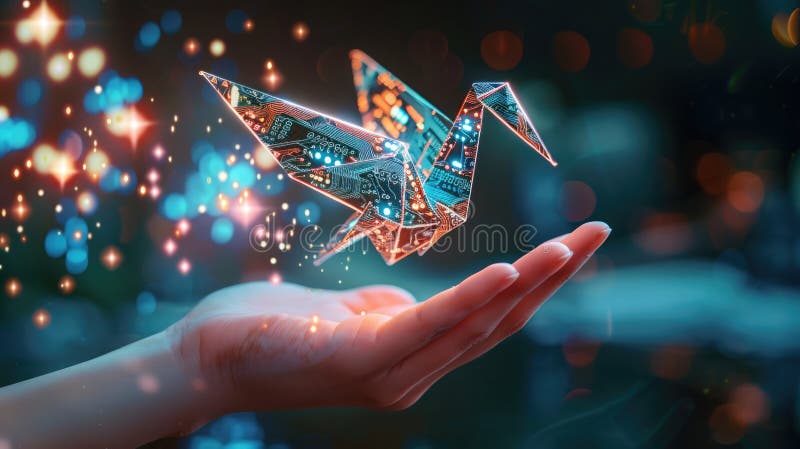Origami Crane of Circuitry and Binary Code in a Hand, about To Fly ...
