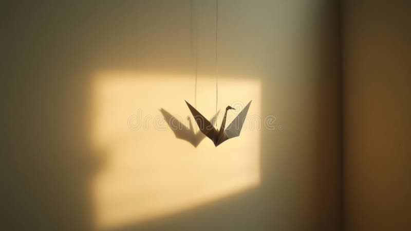Origami Crane Hanging in Sunlight with Shadow on Wall Stock ...