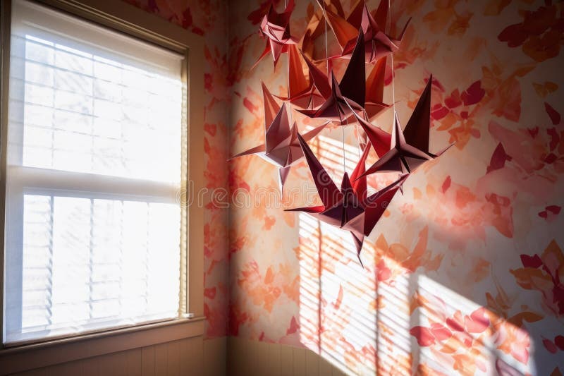 An Origami Crane Mobile Casting Soft Shadows on a Wall Stock Photo ...