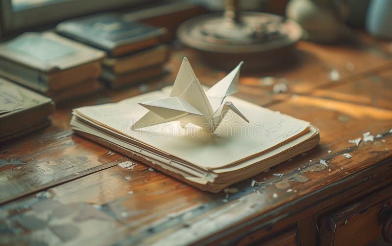 Origami Crane on Stack of Notebooks in a Cozy, Rustic Study. Stock ...