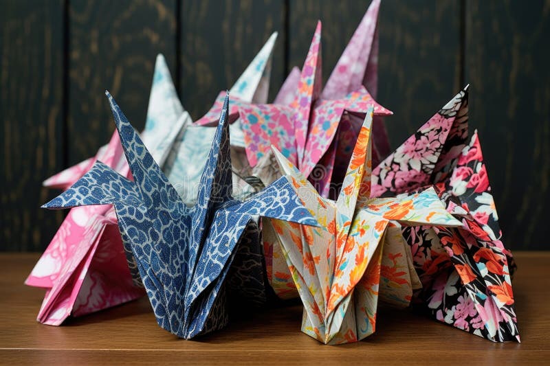 Origami Cranes Folded from Various Patterned Papers Stock Illustration ...