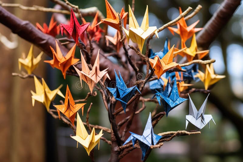 Origami Cranes Perched on a Tree Branch Stock Illustration ...