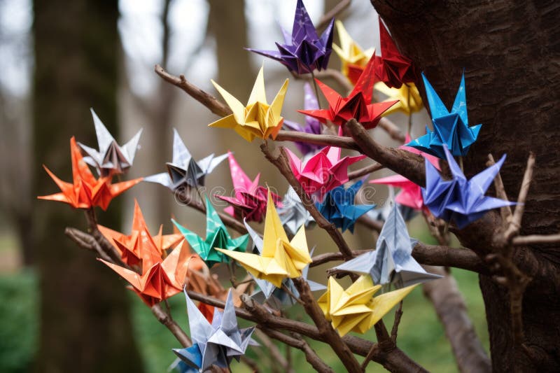 Origami Cranes Perched on a Tree Branch Stock Illustration ...