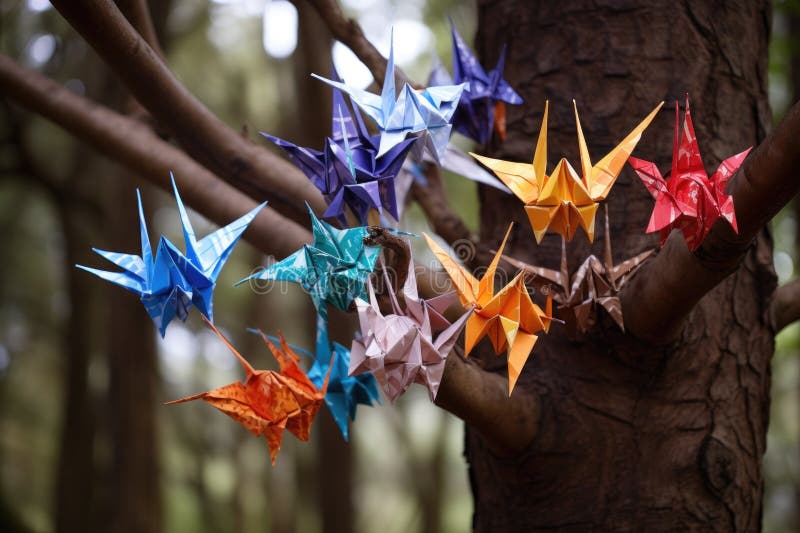 Origami Cranes Perched on a Tree Branch Stock Illustration ...