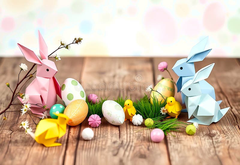 Origami Easter Bunnies and Eggs on Rustic Wood – AI Generated Stock ...