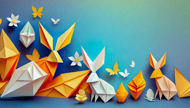 Origami Easter Bunnies in Grass with Spring Flowers and Butterflies ...