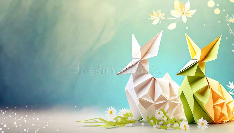 Origami Easter Bunnies in Grass with Spring Flowers - Easter Concept ...