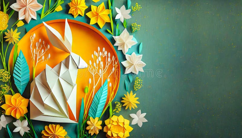 Origami Easter Bunny in Grass with Spring Flowers - Easter Concept ...