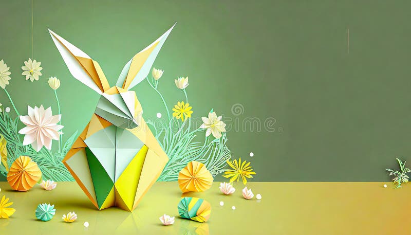 Origami Easter Bunny in Grass with Spring Flowers - Easter Concept ...