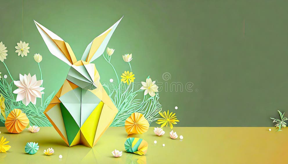 Origami Easter Bunny in Grass with Spring Flowers - Easter Concept ...