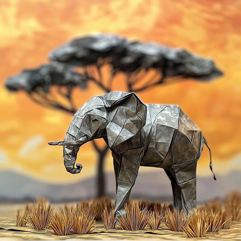 Origami Elephant Savanna Sunset Art Craft Stock Image - Image of ...