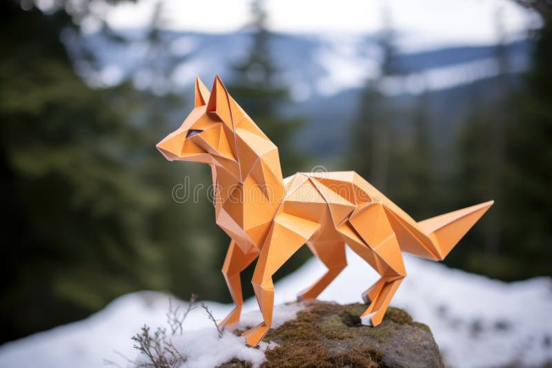 An Origami Fox Placed on a Snowy Hillside with Pine Trees in the ...