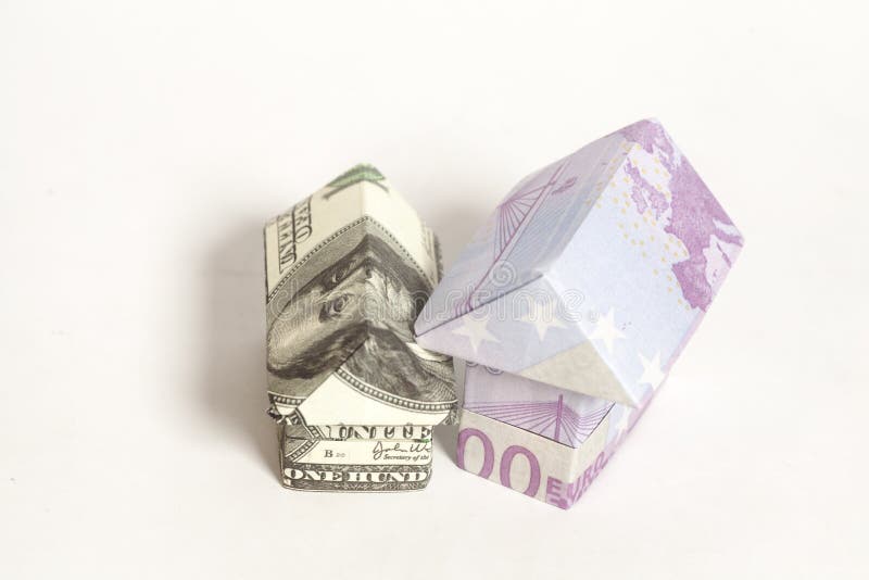 Origami House Made of 500 Euro and 100 Dollar Banknotes Stock Photo ...