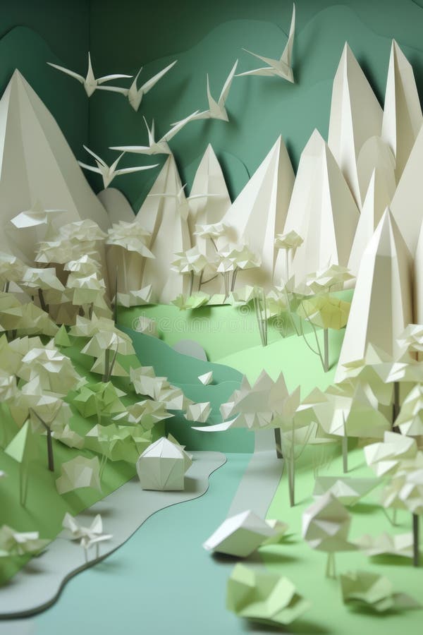Origami Landscape with Trees and Birds, Created Using Generative Ai ...