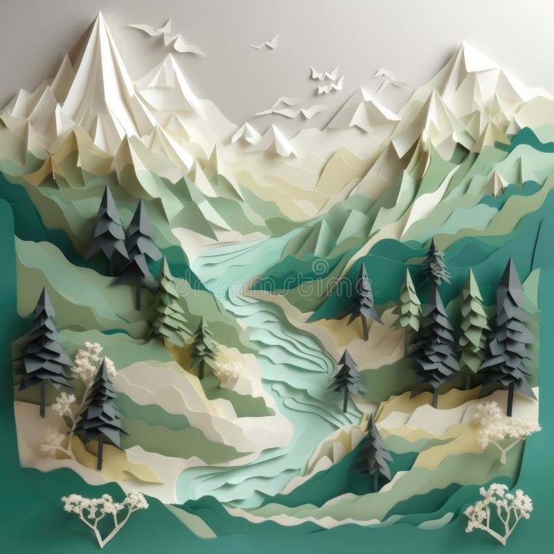 Origami Landscape with Trees, Birds and Mountains, Created Using ...