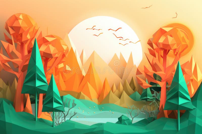 Origami Landscape with Trees, Birds and Sun, Created Using Generative ...
