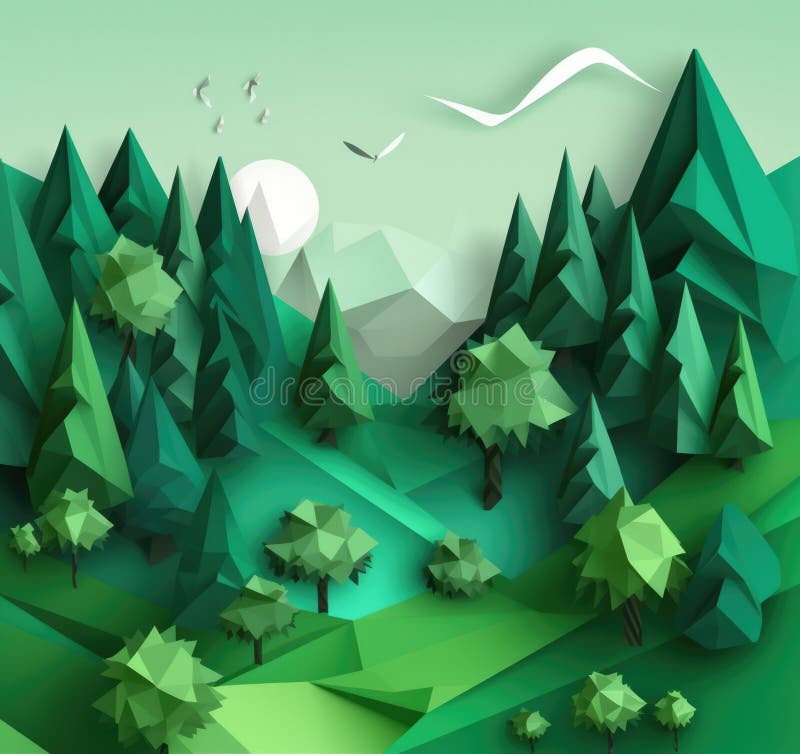 Origami Landscape with Trees, Birds and Sun, Created Using Generative ...