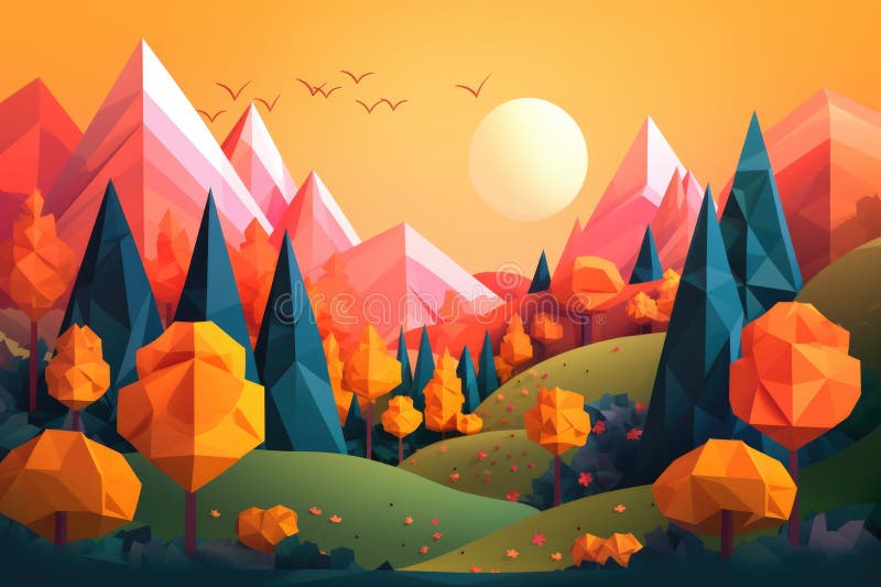 Origami Landscape with Trees, Birds and Sun, Created Using Generative ...