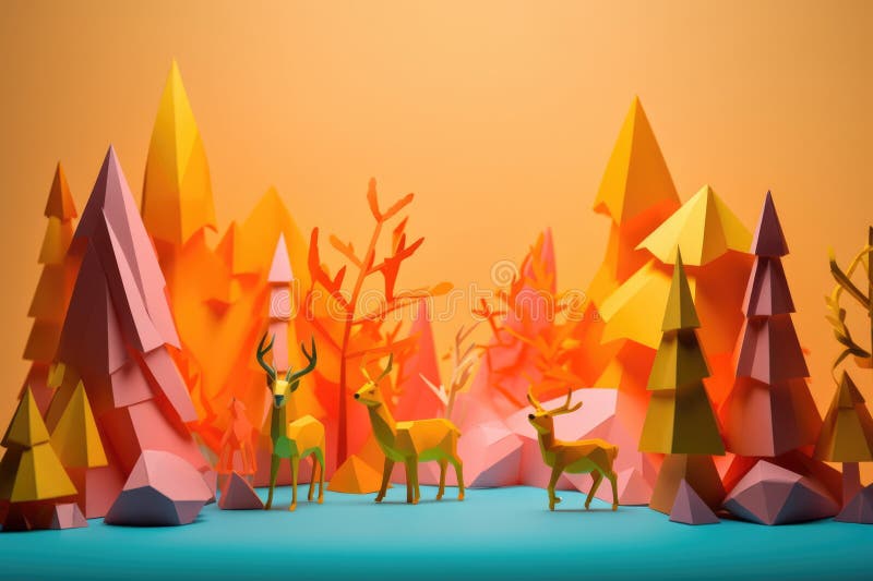 Origami Landscape with Trees and Deer, Created Using Generative Ai ...